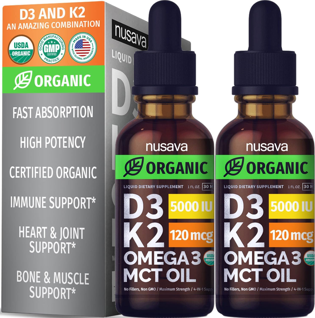 Organic Vitamin D3 K2 Drops with MCT Oil Omega 3, 5000 IU, Maximum Str ...